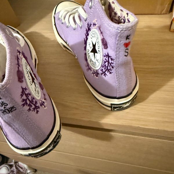 Embroidered Converse Custom, Purple Converse Embroidery Flower, Purple ...