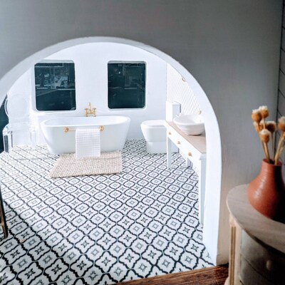 Black White Tile, Dollhouse Wallpaper Tile Flooring, 1:12 Miniature ...