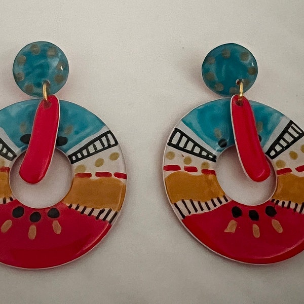 OVERSIZED Abstract Earrings, Long Hand Painted Geometric Drop Earrings ...