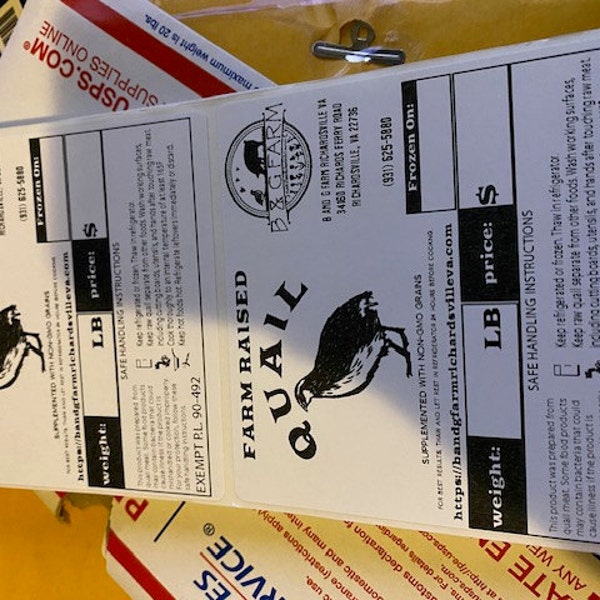 QUAIL Poultry Custom Processing Label PL 90-492 EXEMPT Farm Raised ...