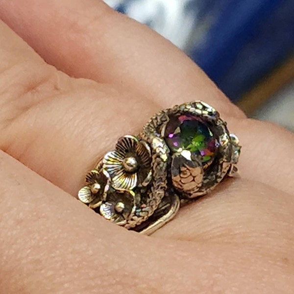 Garnet Snake and Flower Ring, Nature Inspired Ring, Magical Garden Ring ...