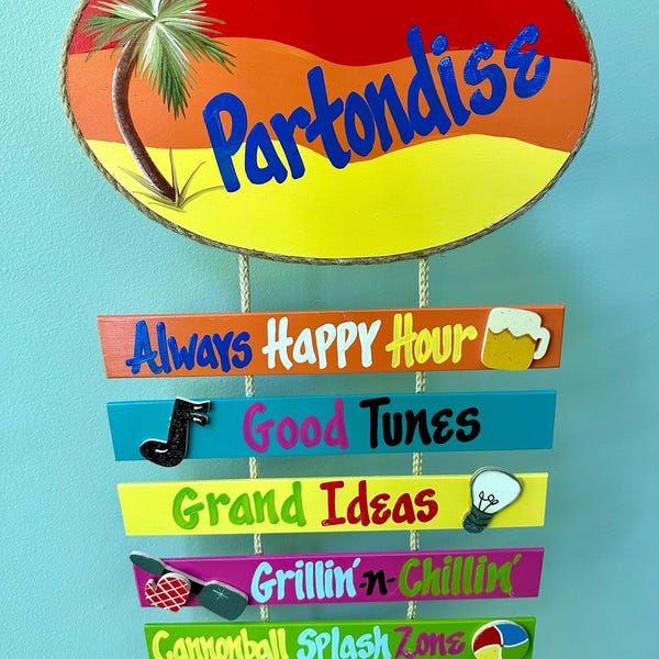 Backyard Paradise Hand Painted Wood Wall Hanger Sign Personalized Tiki ...