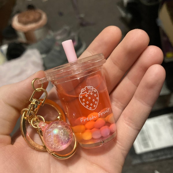 Strawberry Liquid Keychain, Boba Keychain, Quicksand Keychain, Kawaii ...