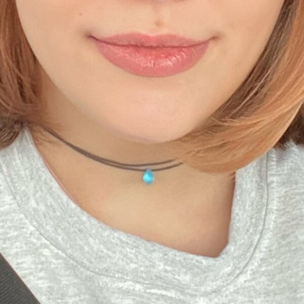 Double Layered Iridescent Blue Teardrop Choker Necklace, Thin Cord ...