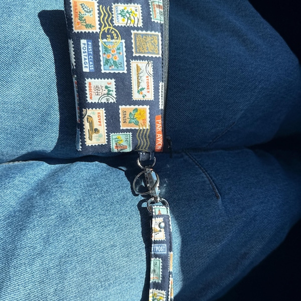 Rifle Paper Co Zipper Pouch Wristlet Set / Postage Stamps Metallic Navy ...