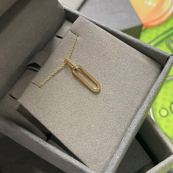 Diamond Necklace, 14k Gold Paper Clip Link Pendant Necklace, Layering ...