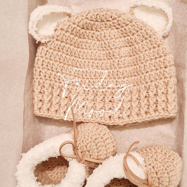 Unisex Crochet Baby Set Oatmeal Baby Booties Bear Hat Fur Shoes ...