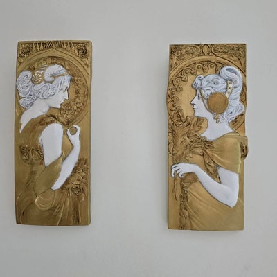 Jugendstil Relief Mucha-stil Wandtafel Wandbild Art Déco Handgemacht 23x9,5 Cm - Etsy