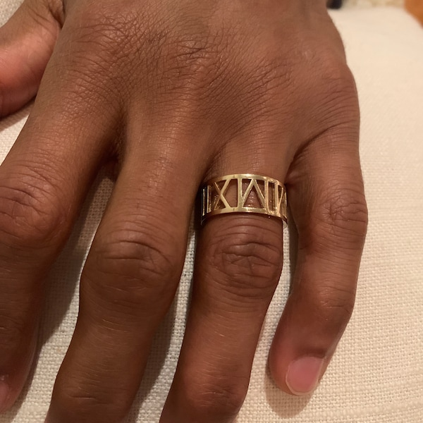Real Gold Custom Roman Numerals Ring, Personalized Wedding Date Band in ...
