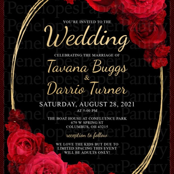 Romantic Red Rose Wedding Invitation,red Roses,wedding Invite,black ...
