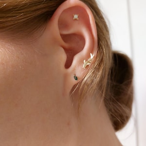 14K Gold Moss Agate Earring Threadless Push Pin Stud Dainty Fan Shape ...