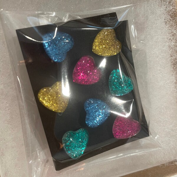 Rainbow Glitter Mini Magnets // Set of 6 - 12mm Heart-shaped Glass ...