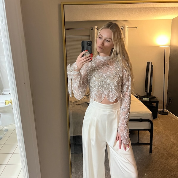 Pearl Beaded Sheer Tulle Pearl Topper/modern Bridal Top/white Pearls ...