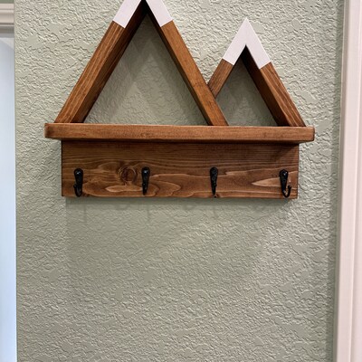 Mountain Key Holder With Shelf, Entryway Organizer With Hooks, Handmade ...