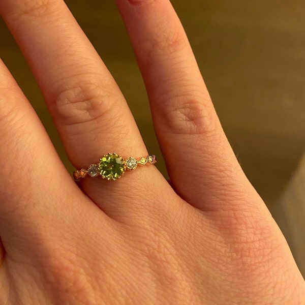 Real Peridot Ring, Round Cut in Gold Plated 925 Sterling Silver With ...