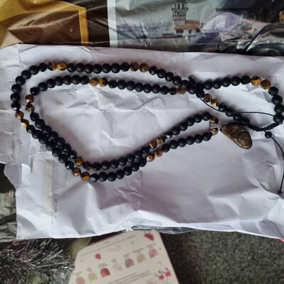 Lion Necklace Men's Natural Tiger Eye Black Onyx Beaded Protection Long ...