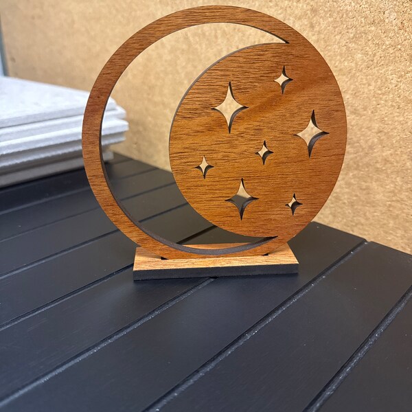 Wooden Moon and Stars Décor - 2 Size Options - Display Stand Included ...