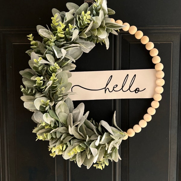 Hello Front Door Wreath, Neutral Modern Wood Bead Wreath, Hoop Wreath ...