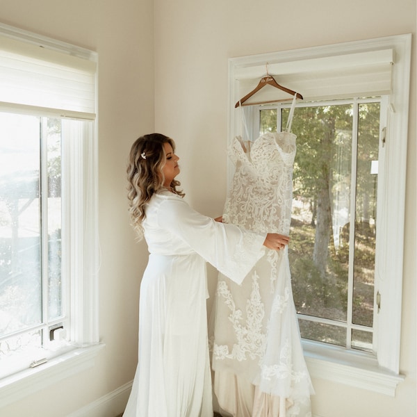 Bridal Robe With Sleeves Bride Robe Long Ivory Robe With Train Robe ...