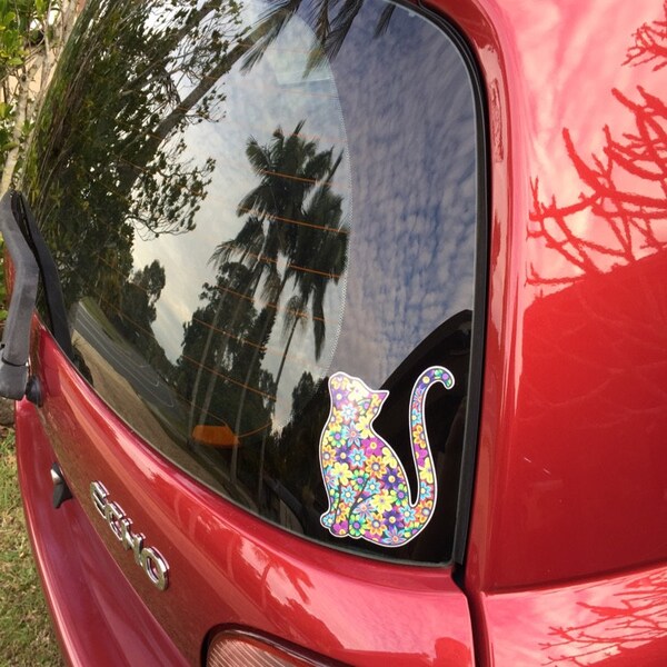 Cat Sticker Car Decal Laptop Decal Bumper Sticker Colorful Flowers ...