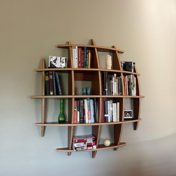 Wood Wall Shelf, Hanging Bookcase, Modern Sphere Book Display, Office ...