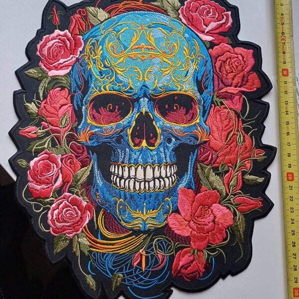 Large Blue and Gold Embroidered Skull Patch With Roses, Iron-on Back Patch for Jackets and Bags ...