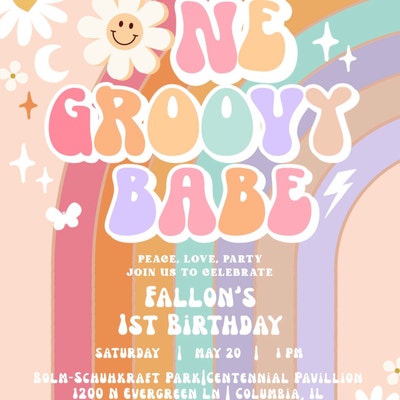 Editable One Groovy Babe Invite Daisy Rainbow Groovy 1st Birthday ...