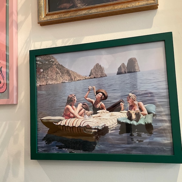 Women Eating Pasta Print: Retro Capri Picnic, Funny Lake Poster ...