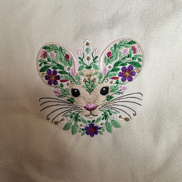 Floral Mouse Embroidery Design, Mouse Machine Embroidery Design, Floral ...