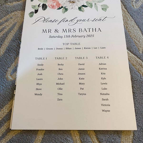 Dusky Lilac Wedding Breakfast Menu, Personalised Table Menu, Purple ...