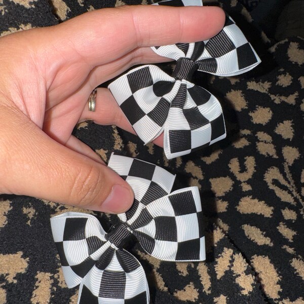 Racing Checker Flag Black and White Pigtail Hair Bow , Set of 2 ...