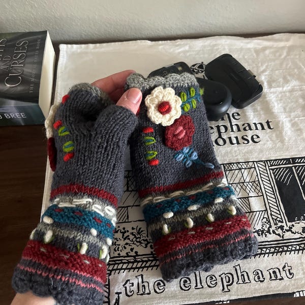 Hand Knit Gray Flower Fingerless Gloves Wool Texting Mittens Fleece ...