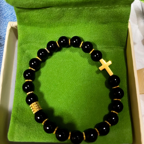 Black Tourmaline Stainless Steel Cross Bracelet in Gold or Silver 8mm ...