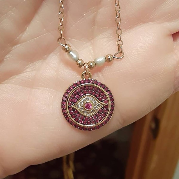 Gold Evil Eye Pendant Necklace Ruby Red Crystals Gold Filled Eye Charm ...