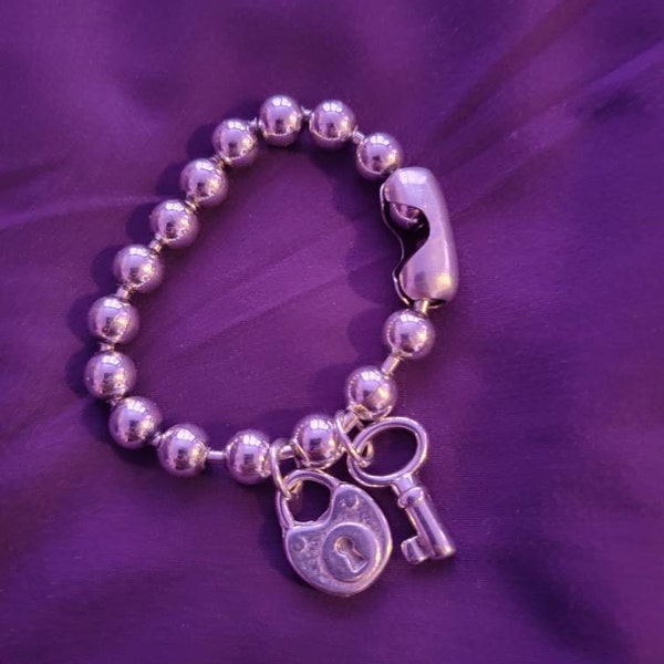 Womens Chunky Padlock and Key Ball Chain Bracelet, Silver Ball Chain ...