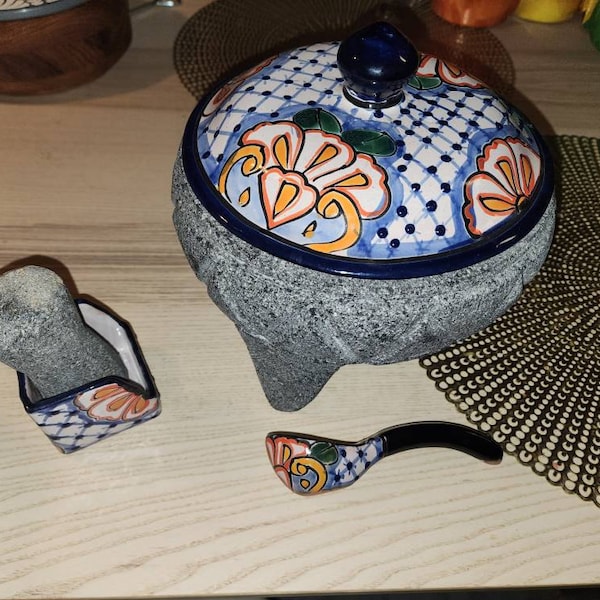 Handcrafted Volcanic Stone Molcajete With Blue Talavera Lid – Authentic ...