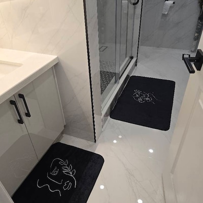 Black Rug With Flower, Pink Roses Non Slip Carpet, Stylish Washable ...