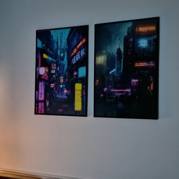 Cyberpunk Print | Futuristic Street With Purple Cyan Neon Lights Art ...