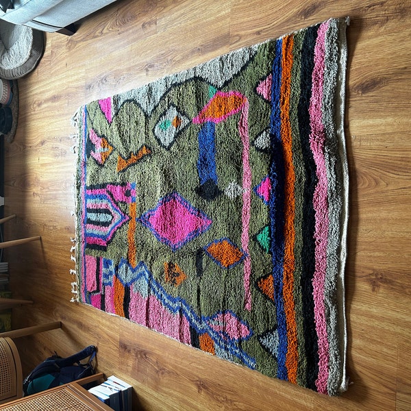 Soft GREEN WOOL Living Room ,berber Grid Pattern Rug ,stunning Moroccan ...