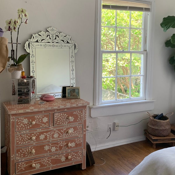 Bone Inlay Wooden Modern Floral Design Chest of Drawers Table Baby Pink ...