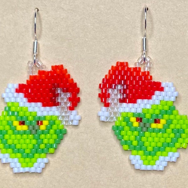 Beaded Grinch Earrings - Miyuki Brick Stitch Beading Pattern PB-10492 ...