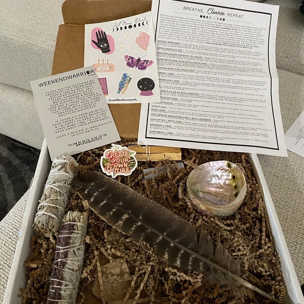 Beginner Smudge Kit Gift Box With Feather, Abalone Shell Dish, Gemstone ...