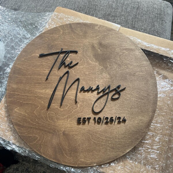 Round Family Last Name Sign With Engraved Botanical Frame and Raised ...