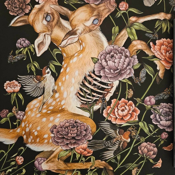 Fawn Deer With Birds and Flowers Gothic Botatnical Art- Giclee Print ...