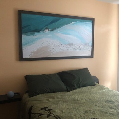 Sandy Beach Ocean Oil Painting on Canvas Blue Sky White Clouds Abstract ...