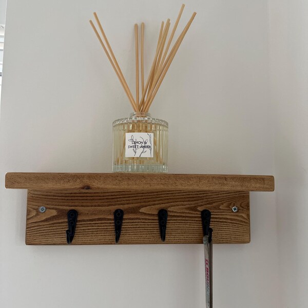 Dark Oak Waxed Wall Mounted Key Holder With Shelf “black Hooks” Key ...