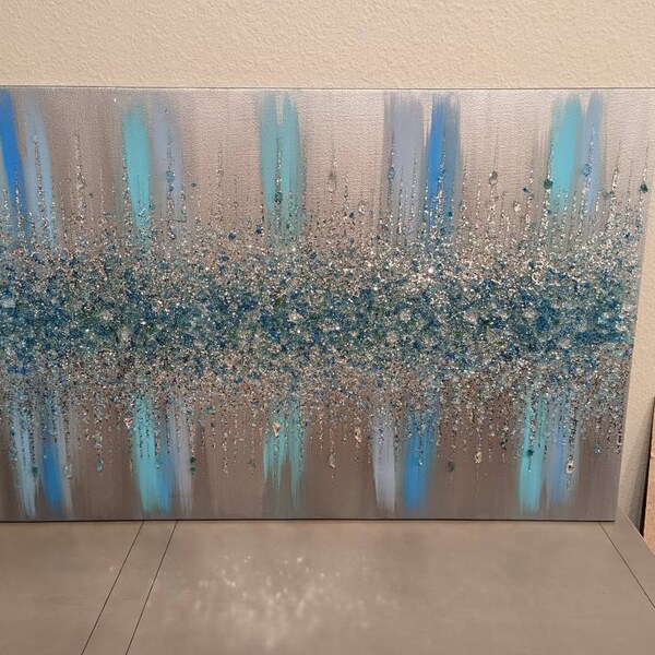 Glitter Glass Painting, Glitter Painting, Silver Glitter Art, Turquoise ...