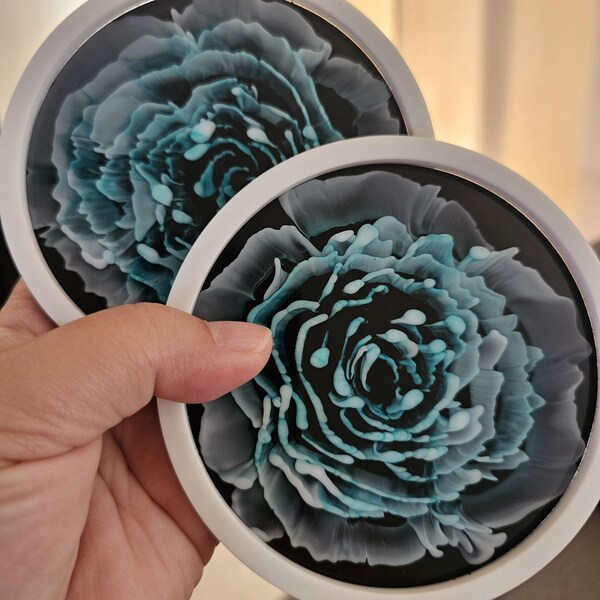 Colorful Blooms on Gray Resin Round Coaster, Set of 2, Drink Coaster ...