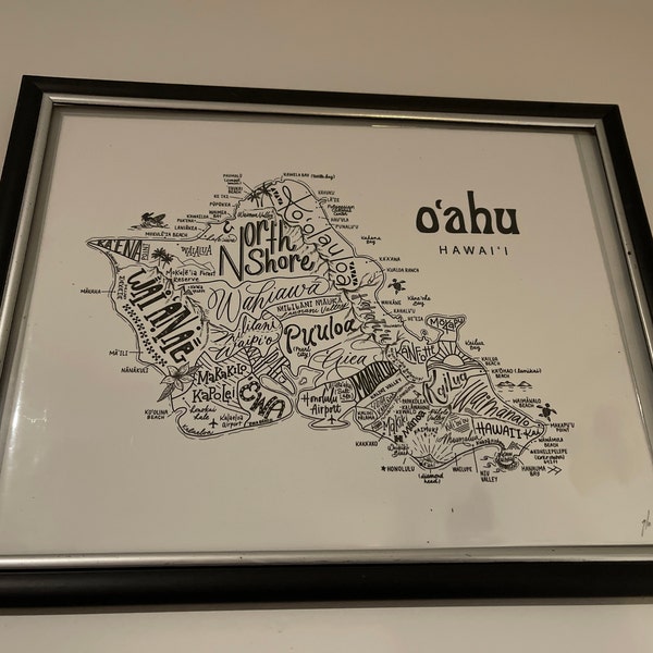 O'ahu, HI Illustrated Font Map Print - Oahu- Map of Oahu - Oahu Map ...