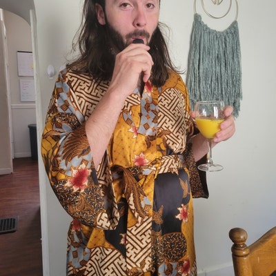 Black and Gold Mens Silk Kimono Robe, Boheme Silk Dressing Gown for Man ...